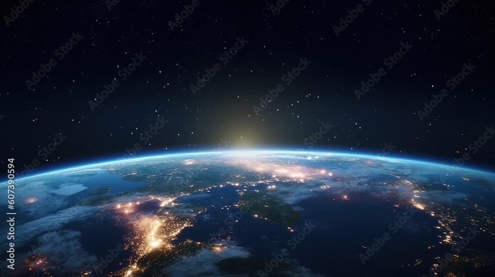 Planet Earth half night and half day with city lights and clouds in ...