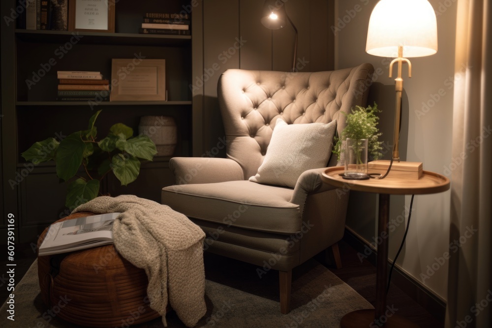 cozy reading nook with plush armchair and floor lamp for nighttime ...