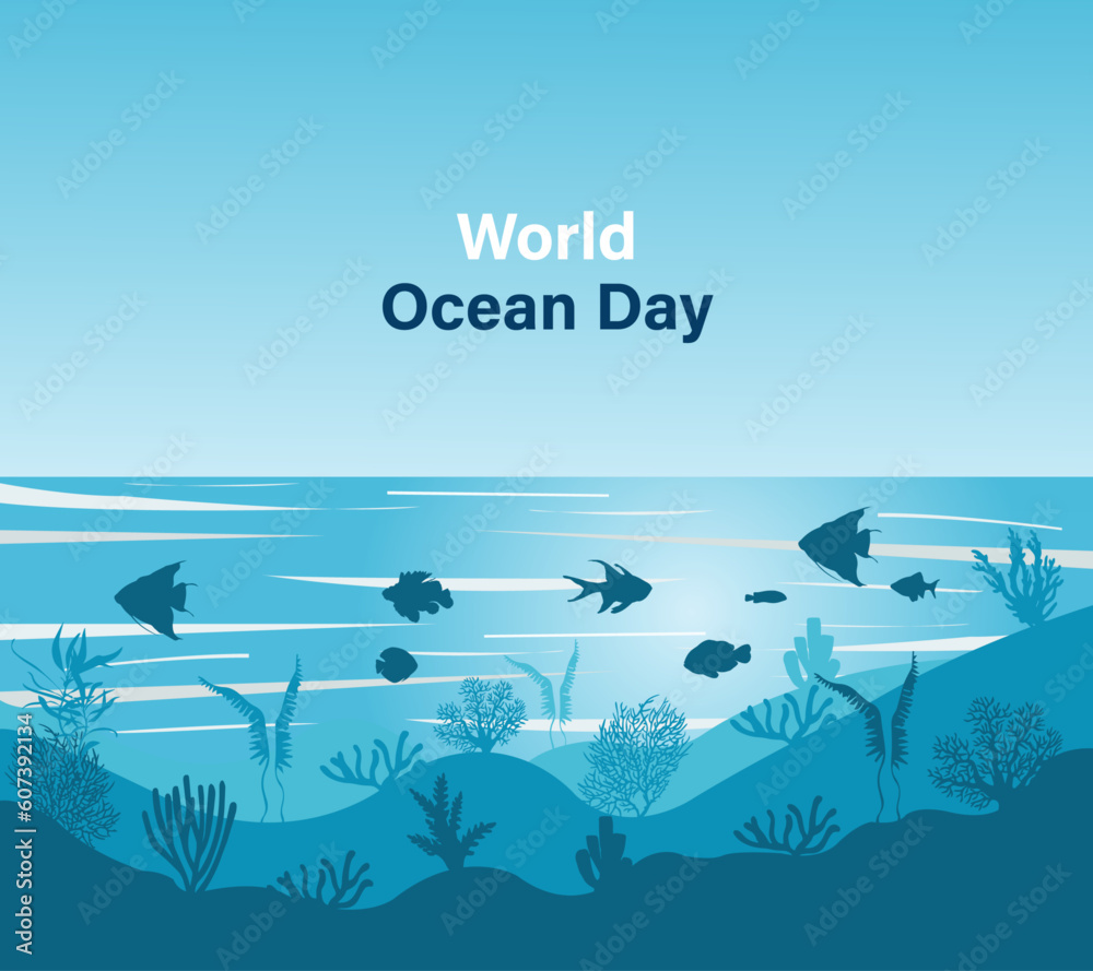World oceans day design with underwater ocean, shark, coral, sea plants ...