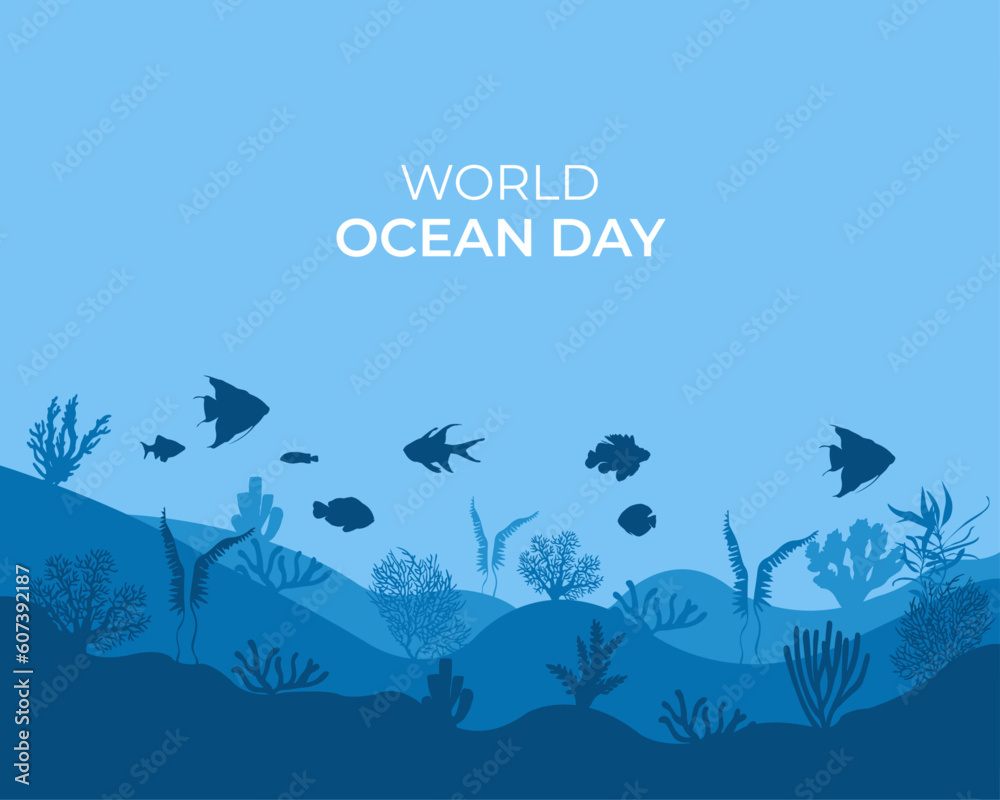 World oceans day design with underwater ocean, shark, coral, sea plants ...