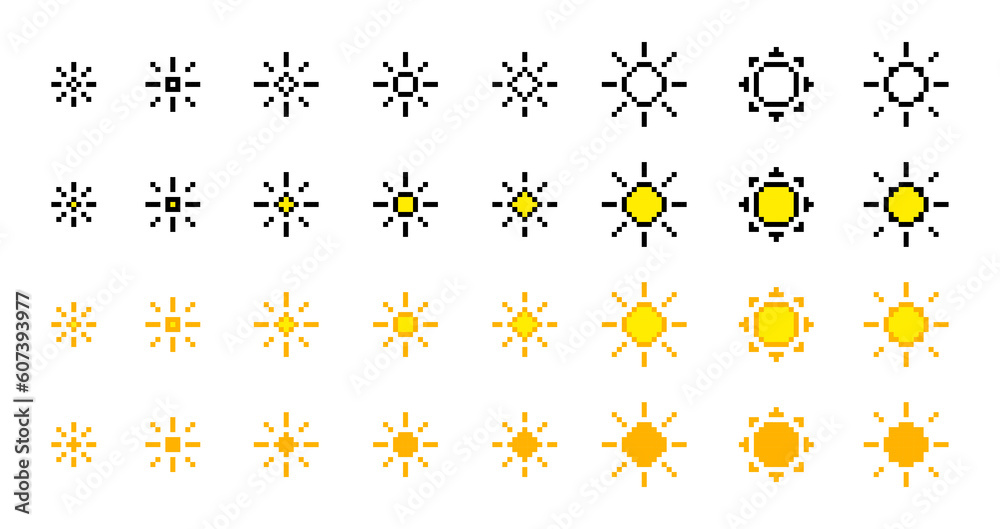 Poster pixel icon sun, brightness icon sheet, 8 bit isolated pixelated ...