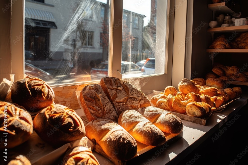 row of artisan breads displayed in bakery window, with sun shining ...