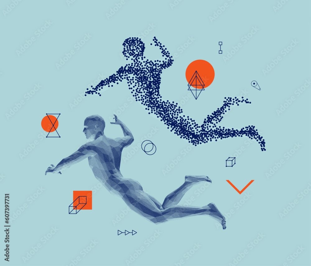 Vetor de The jump of a man to hit something. Sport symbol. 3D human ...