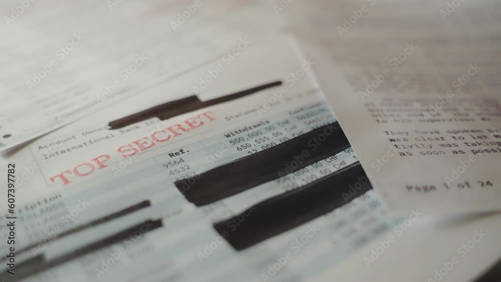 Pan across top secret confidential bank files with red ink stamps on ...