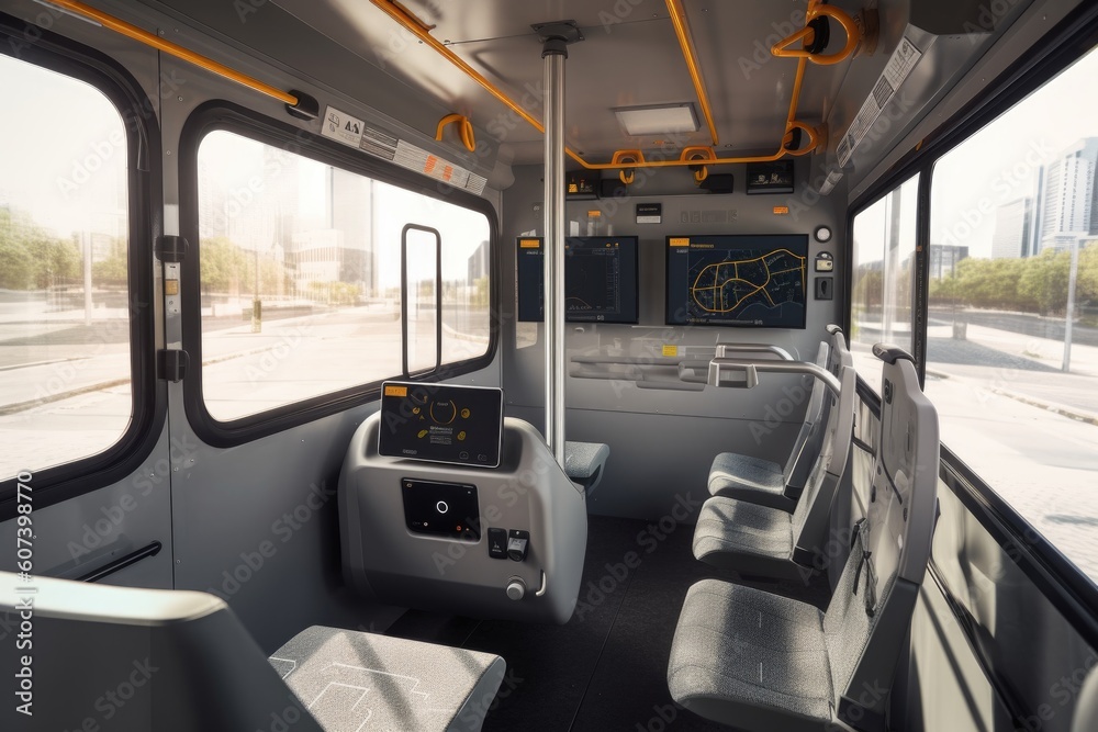 bus, with interior view of passengers scrolling through their connected ...
