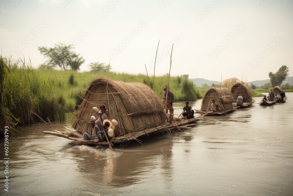 nomadic tribe crossing river on rafts made of reeds, created with ...