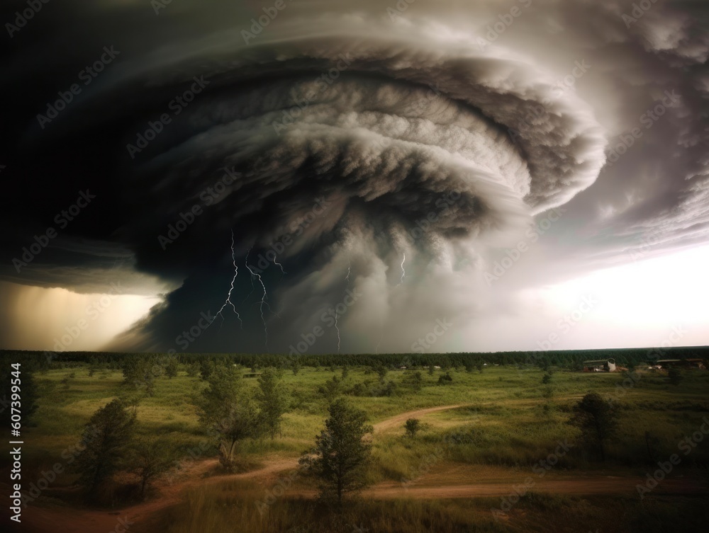 category 5 tornado twister over fields in rural area showing big ...