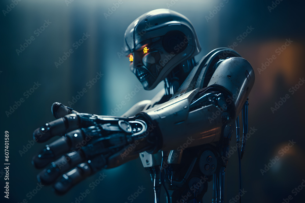 Robot extended his hand, friendship . Two hands in offer position ...