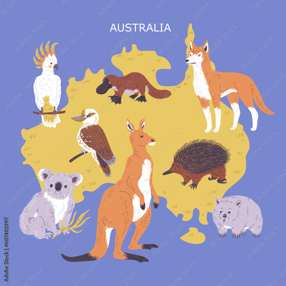 Map of Australia and Australian animals, flat vector illustration ...