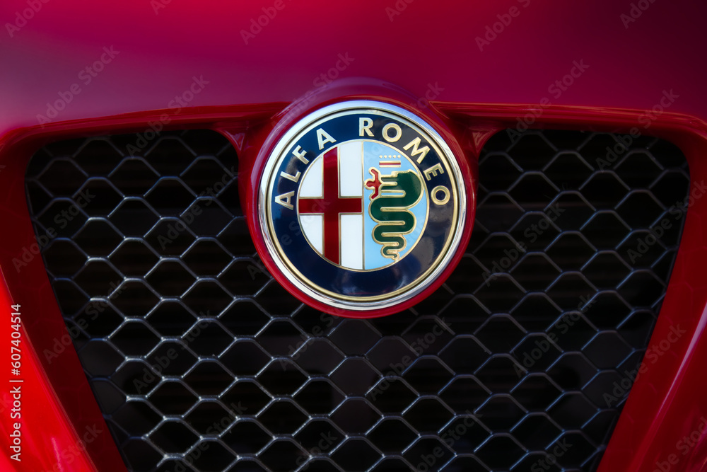 Close-up shot of the Alfa Romeo brand logo on the front radiator grille ...