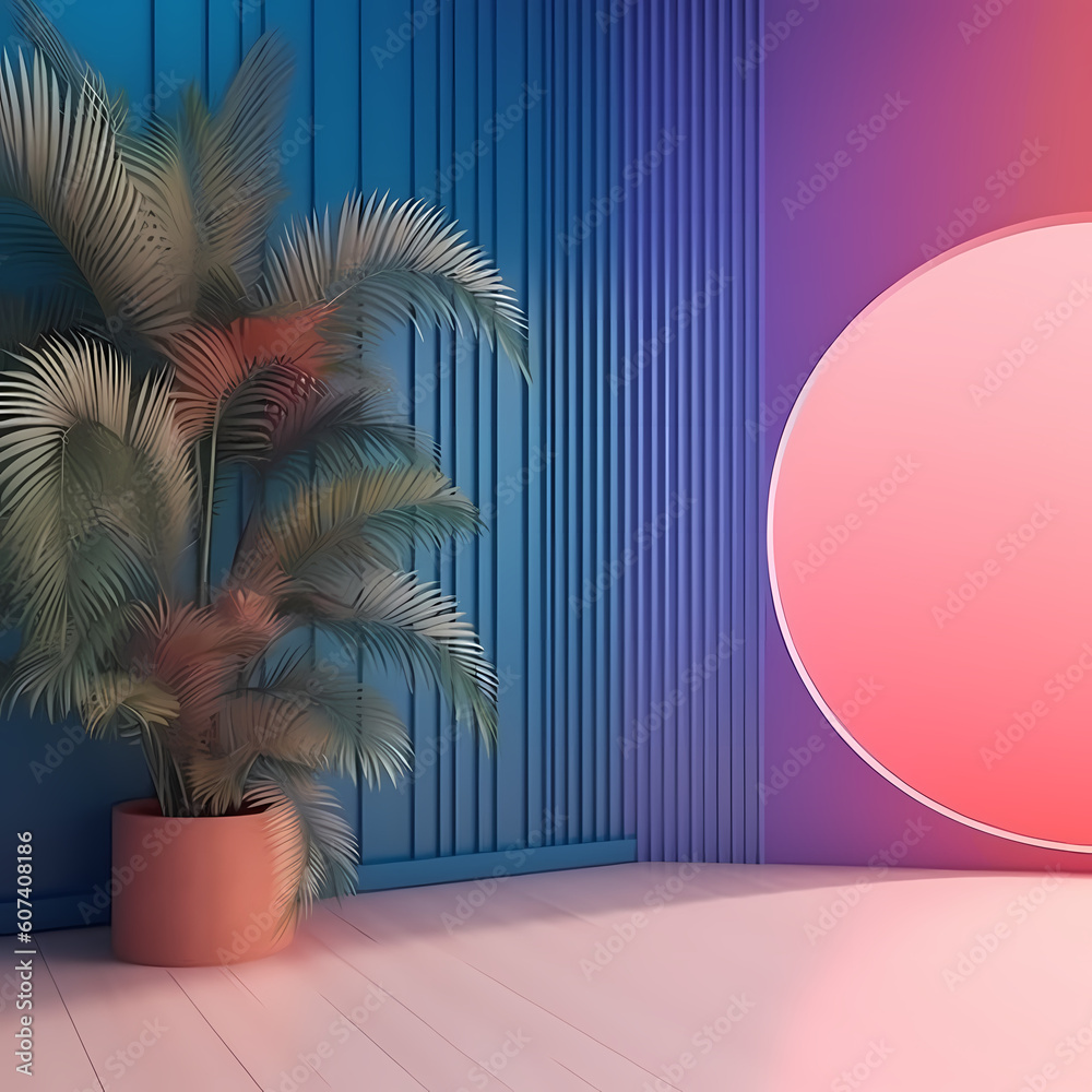 Wall mockup. Shadow wall mockup with sun, plant and wood. 3D ...