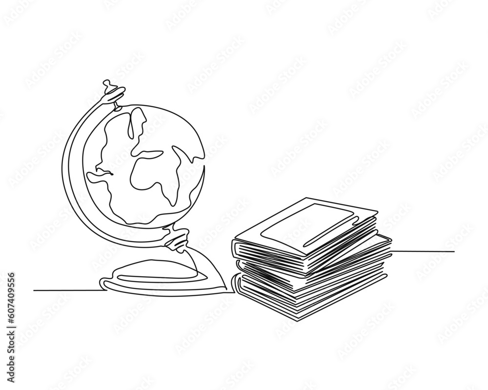Continuous one line drawing of books and globe. Globe and books line ...