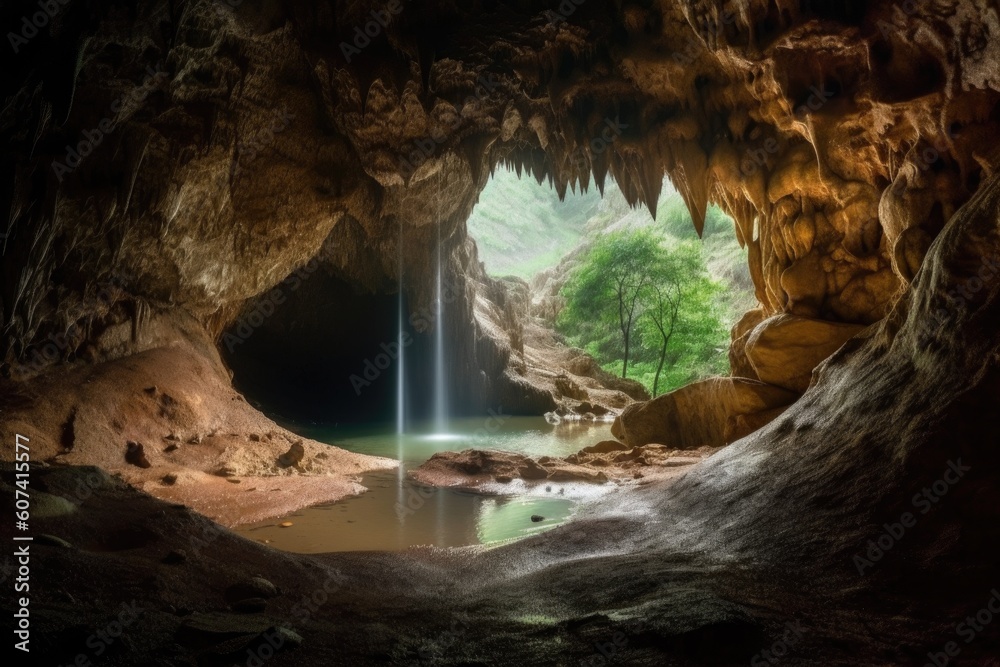 cave in mountain with waterfall, showing the power and beauty of nature ...
