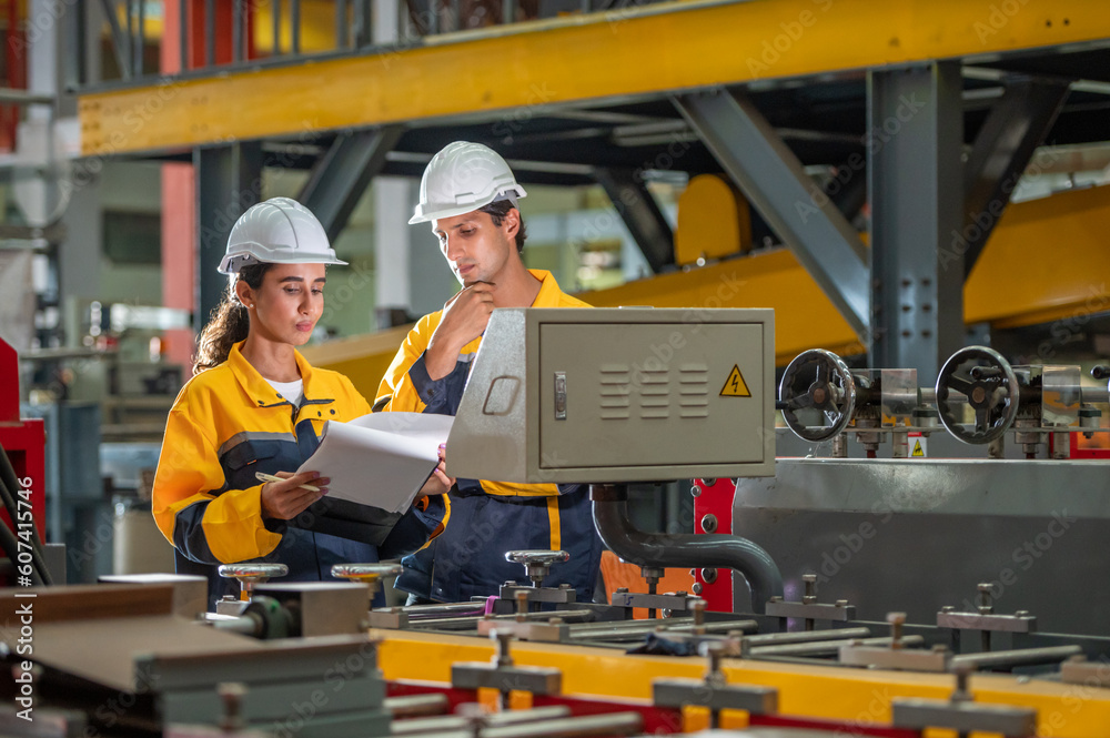 two young engineer assistant in helmet inspection check heavy machine ...