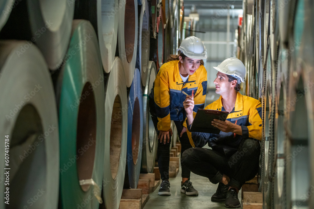 two young engineer assistant in helmet inspection check heavy machine ...