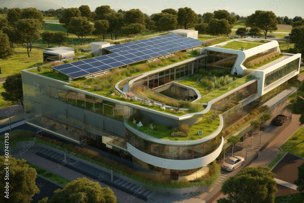 Sustainable business architecture building with green roofs, solar ...