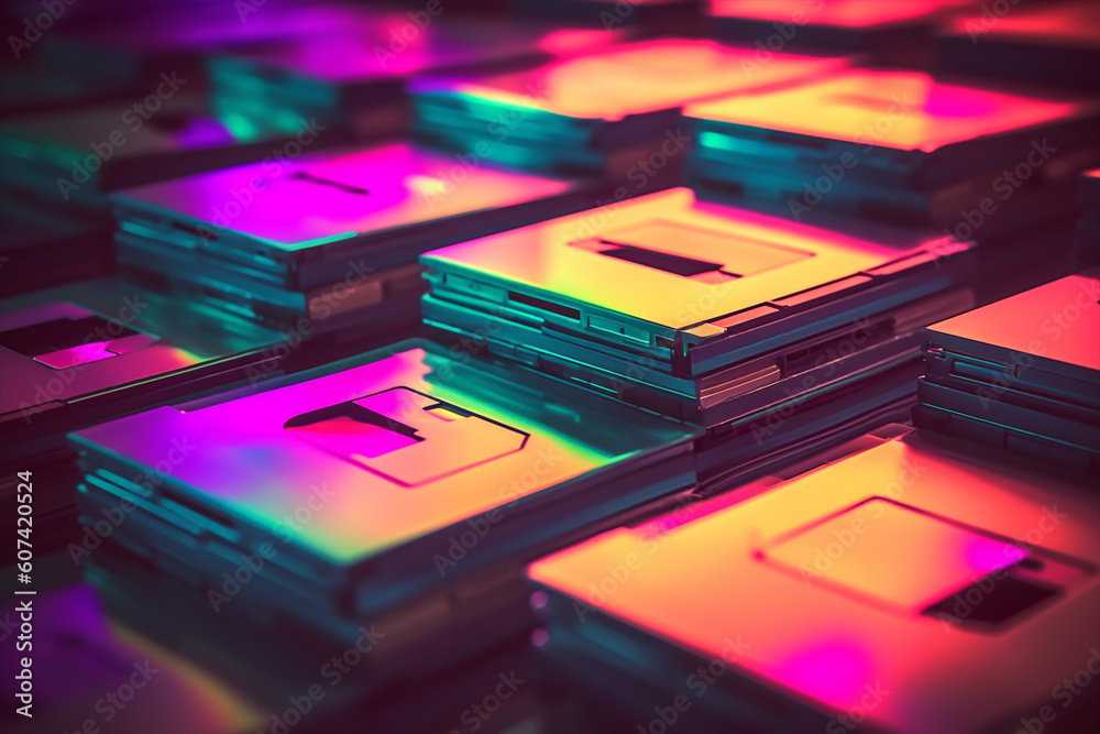 a retro vintage floppy disk (diskette), neon vaporwave color mood in a ...