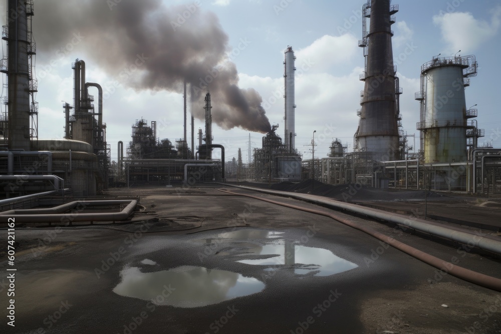 refinery, with view of chemical tanks and pipes, and toxic liquid ...
