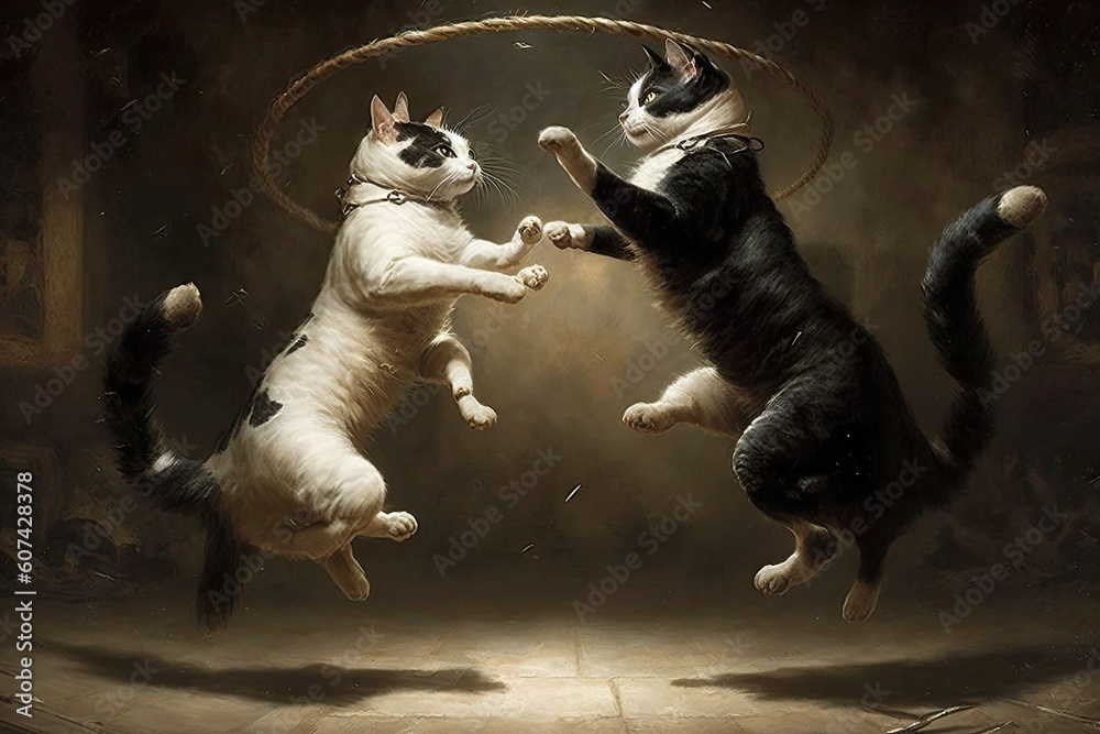 Furious fluffy cats in fighting in the boxing stadium, theme of vintage ...