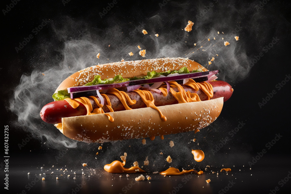 Hot dog with flying ingredients on black background. Fast food concept ...