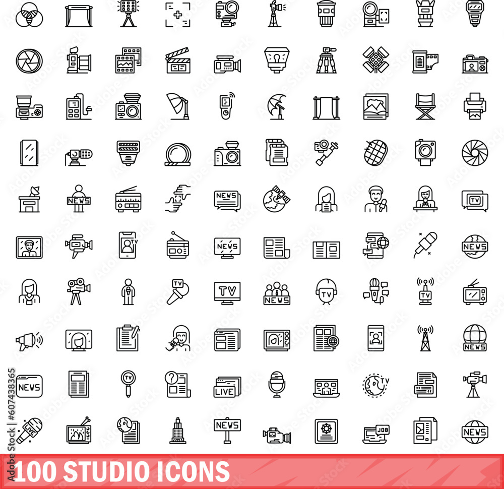 100 studio icons set. Outline illustration of 100 studio icons vector ...