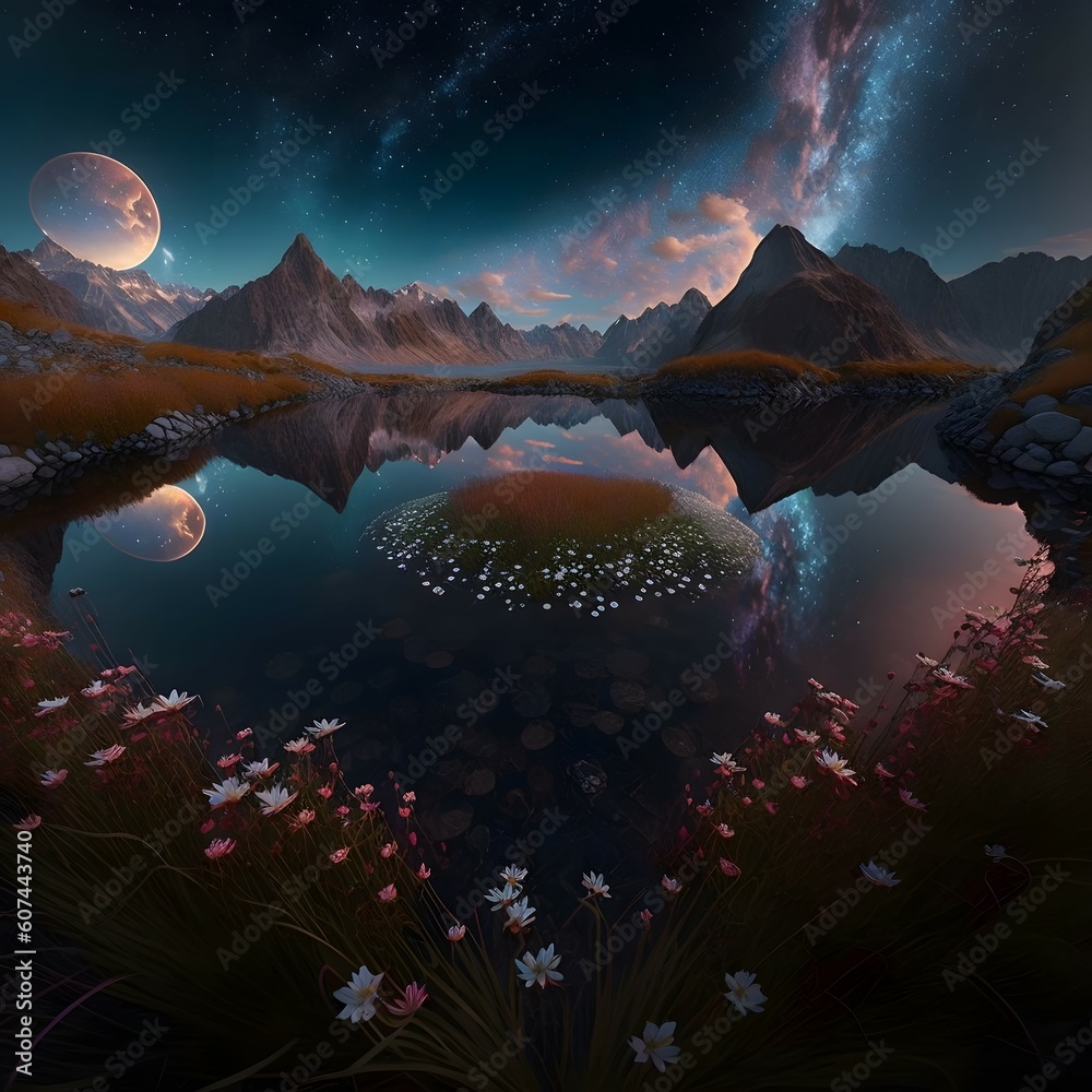 Golden Dream Starry Sky Distant mountains A crystal clear lake ...