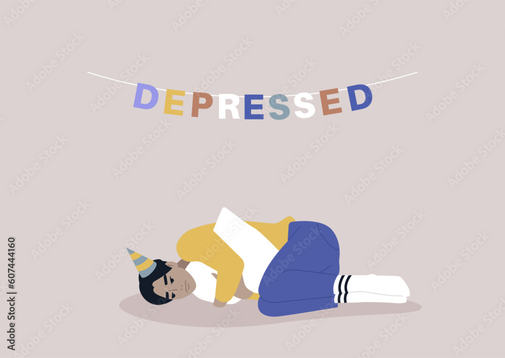 Sad birthday party, a young character squeezing a pillow, grief and ...