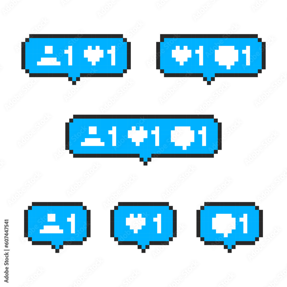 Pixel social media interface like, comment, follower. Pixel Art 8-bit ...