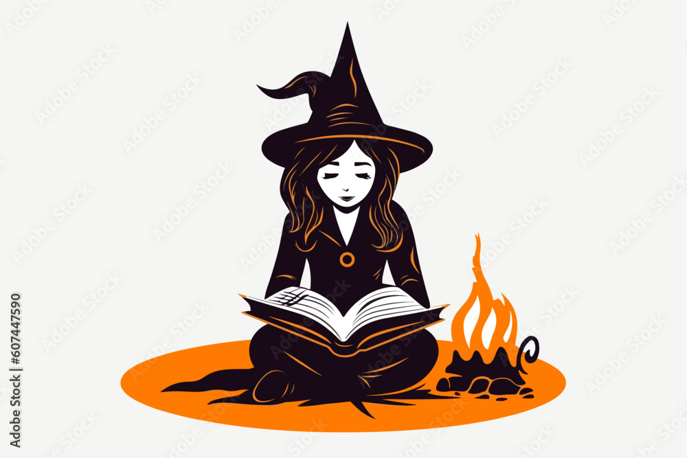 Doodle inspired Witch reading a spell book, cartoon sticker, sketch ...