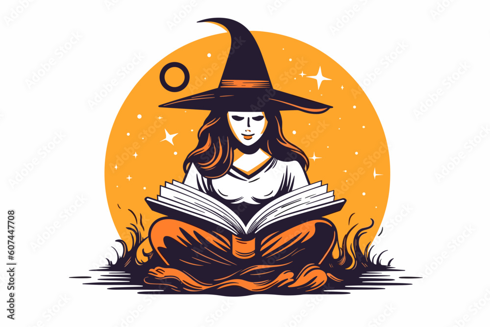 Doodle inspired Witch reading a spell book, cartoon sticker, sketch ...