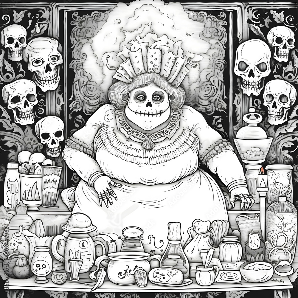 fat chubby voodoo mama, day of the dead, potions, candles, bottles ...