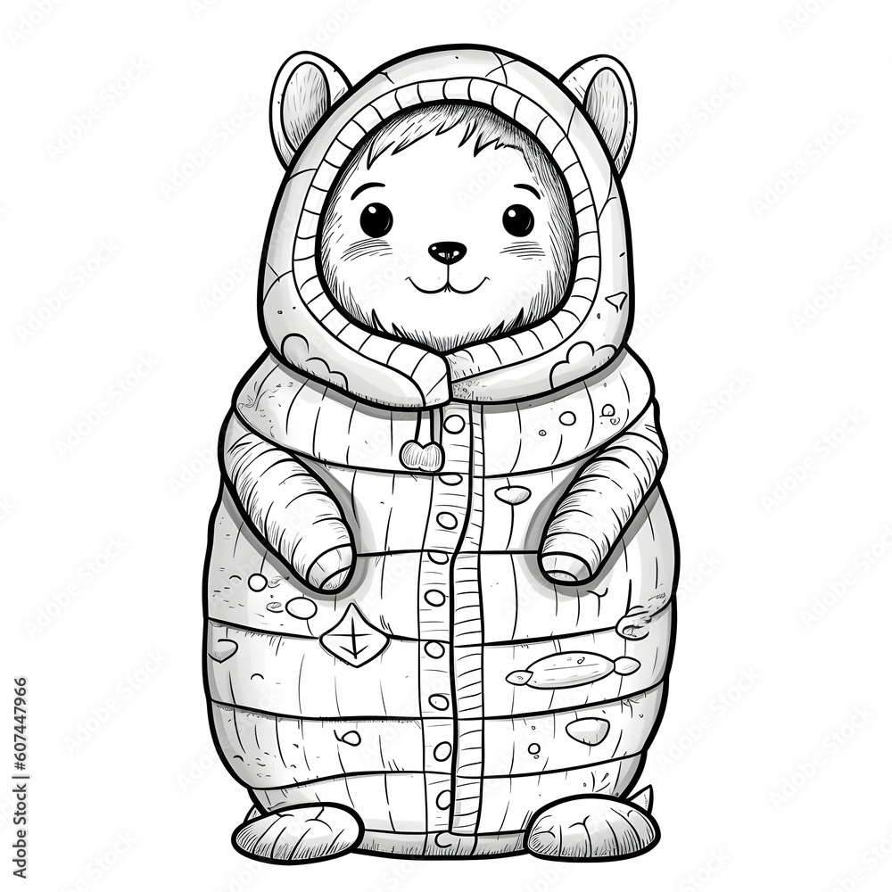 cute creepy kawaii animal in a sleeping bag, adult coloring page, white ...