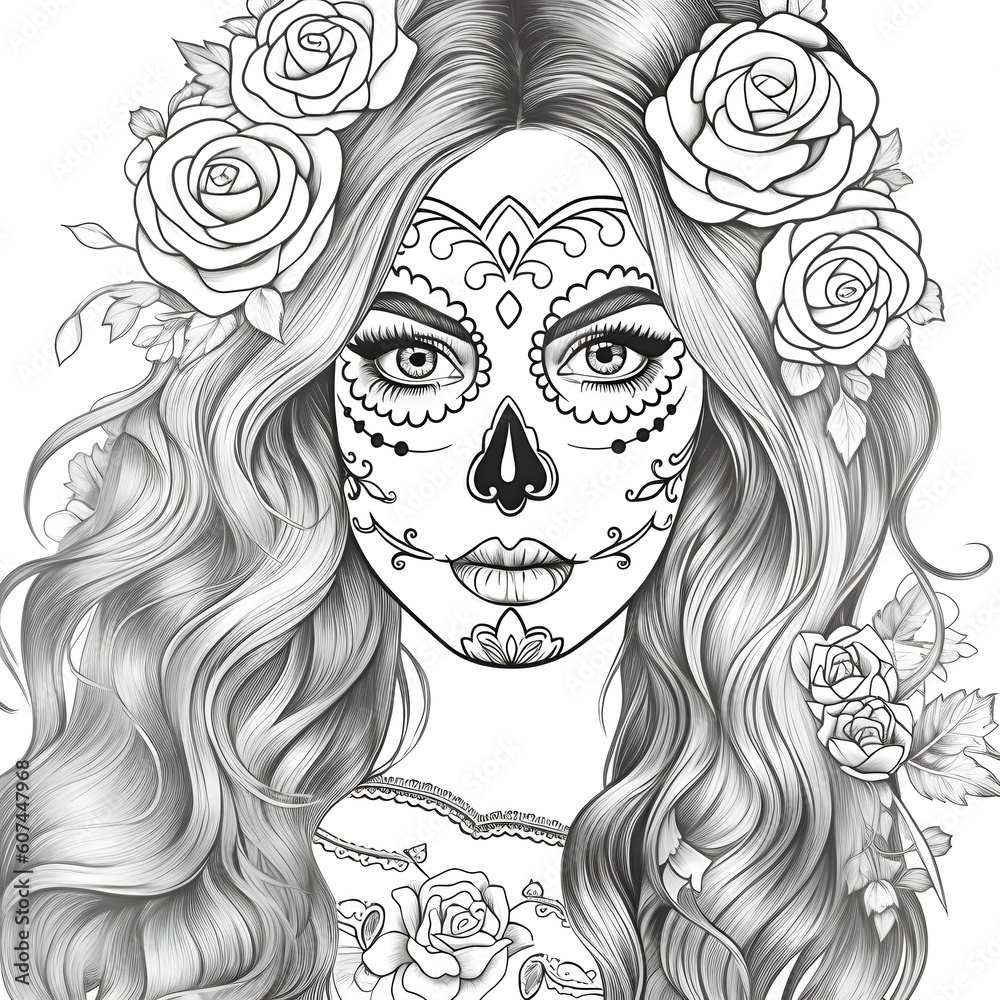 beautiful young woman, sugar skull makeup, pattern, leather jacket ,day ...