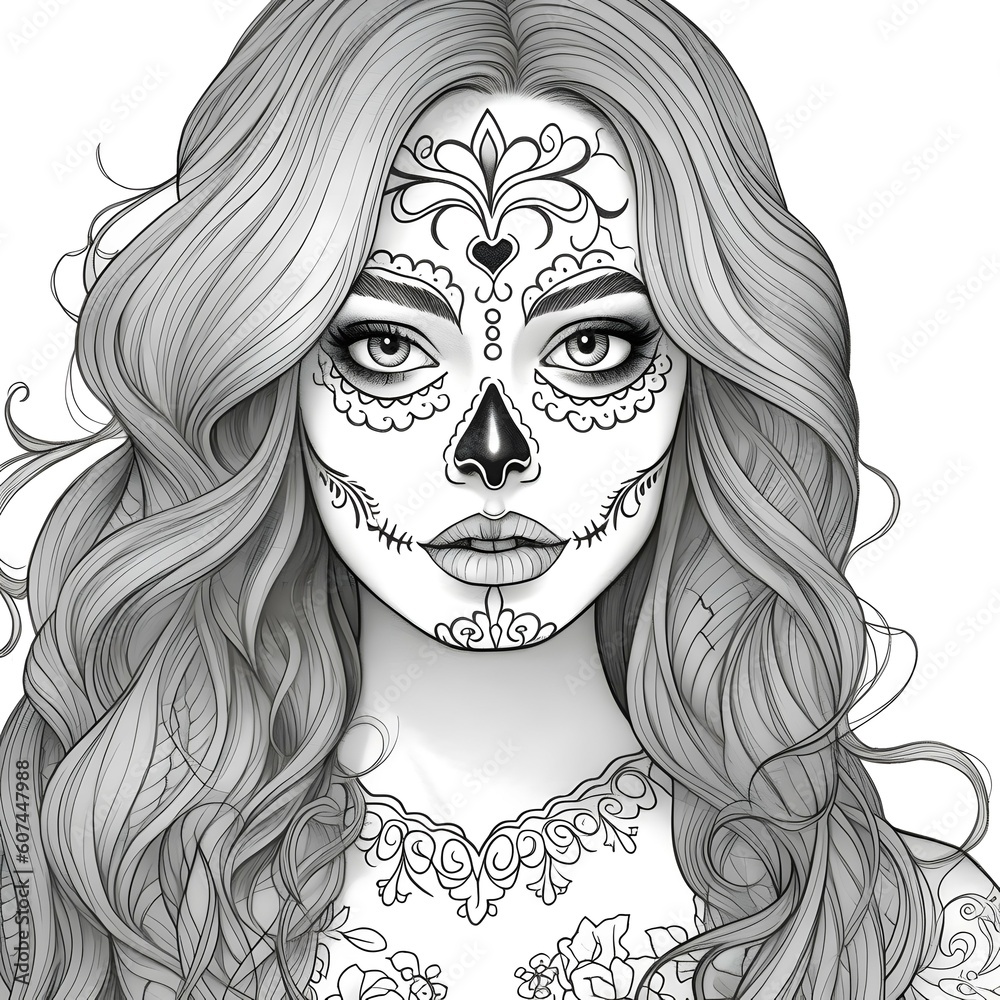 ภาพประกอบสต็อก beautiful young woman, sugar skull makeup, leather ...