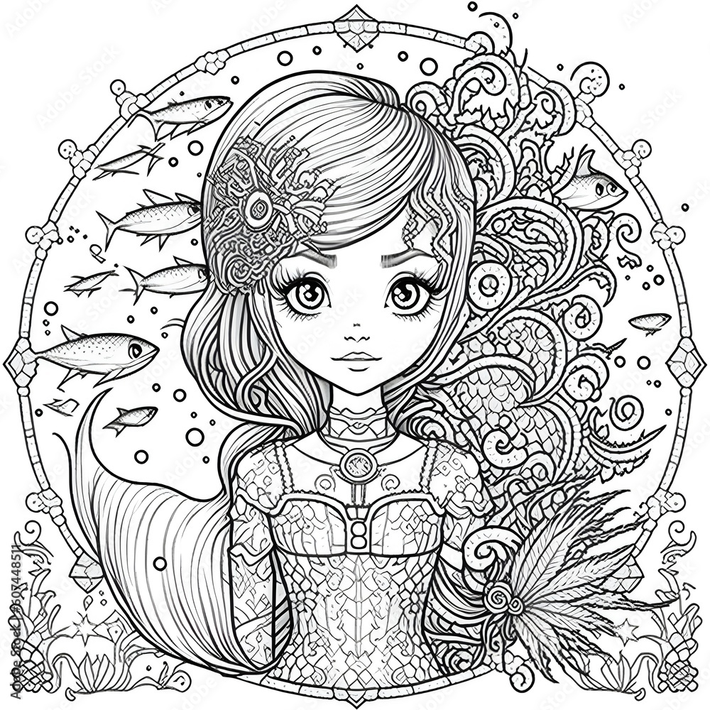 Steampunk mermaid with starfish and sea moss in hair manga character in ...