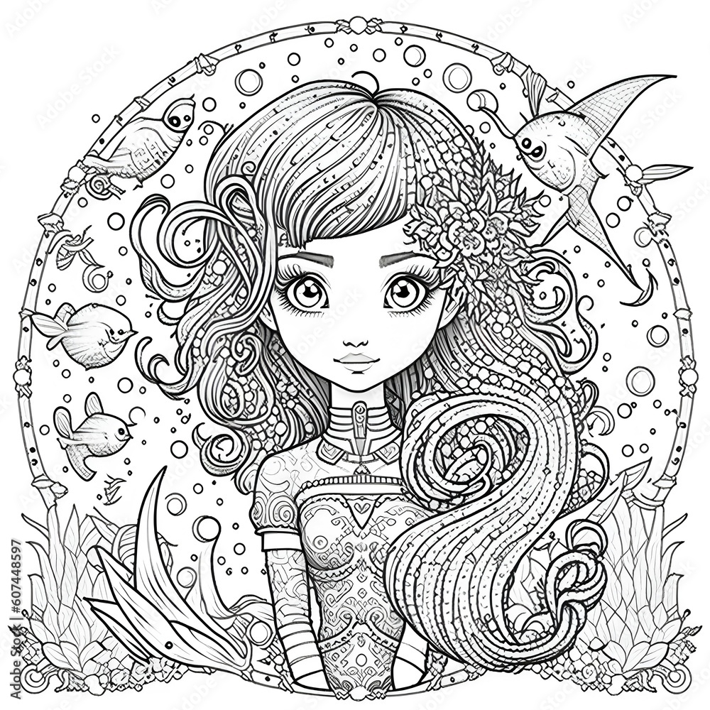 Steampunk mermaid with starfish and sea moss in hair manga character in ...