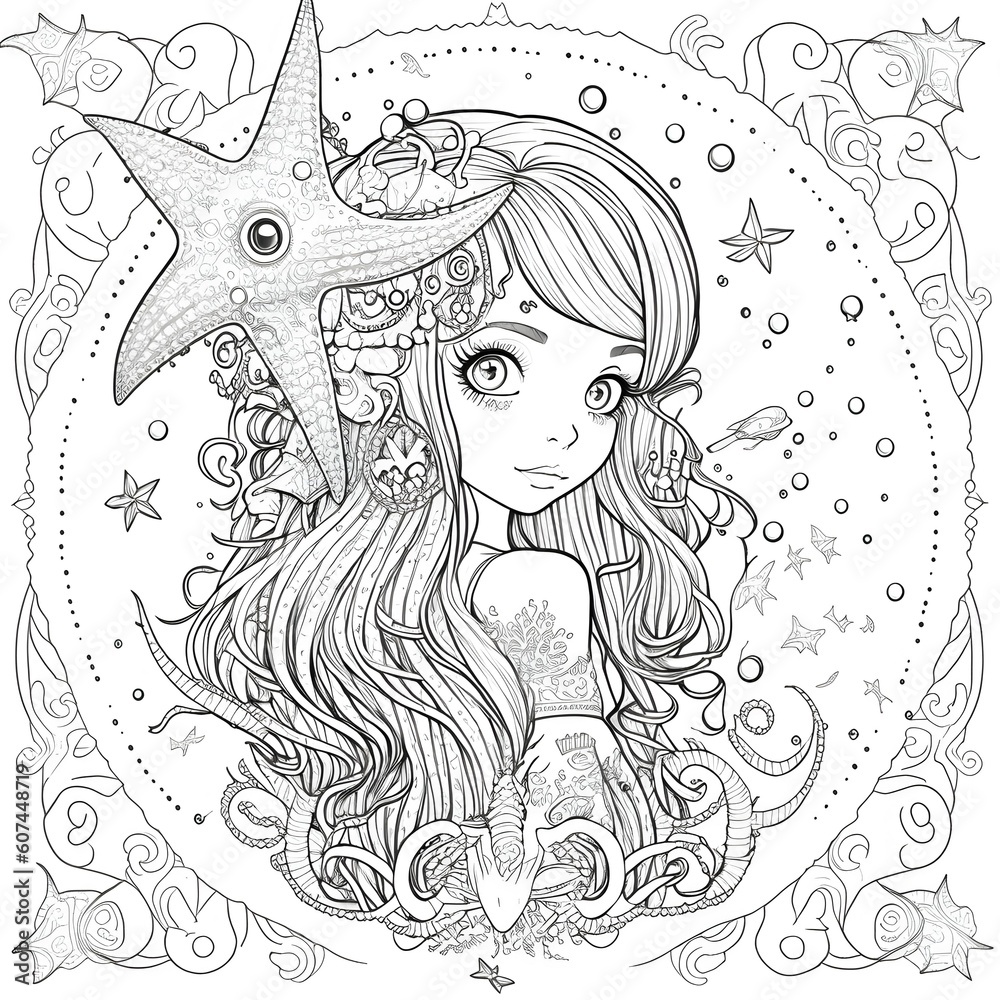 Steampunk mermaid with starfish and sea moss in hair manga character in ...