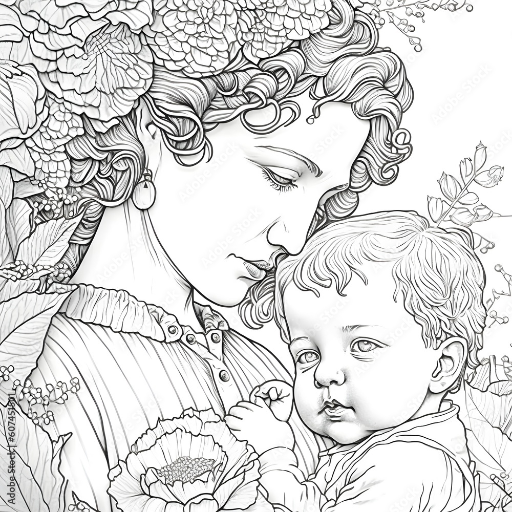 sketch, adult coloring page, intricate detail, mom and baby boy, close ...