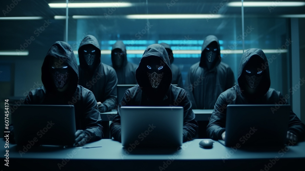 Hackers with hoodies with dark face mask. Hacker group team in front ...