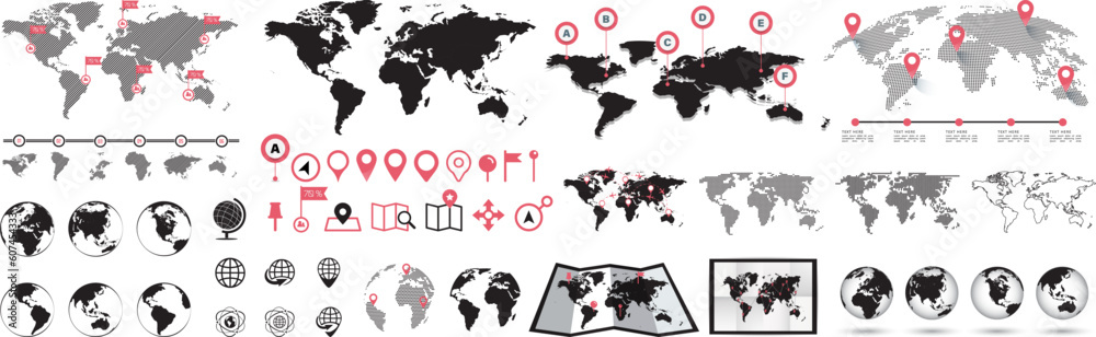 Big set of maps and globes. Pins collection. Vector world map with pointers. Set of transparent ...