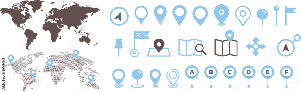 Vetor de Set of map pin icons with world map. location pin sign ...