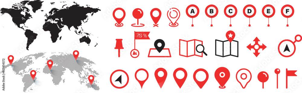 Set of map pin location icons with World map. Modern map markers ...
