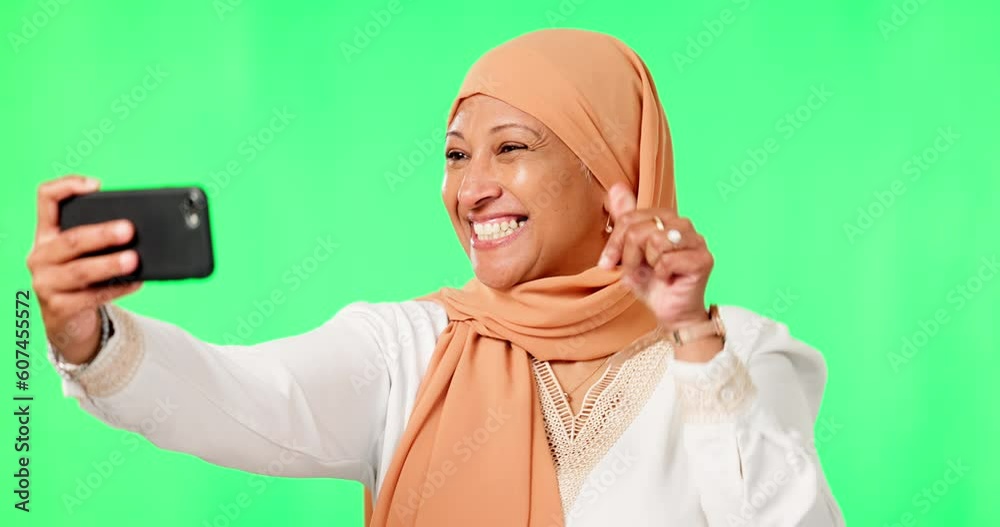 Islamic woman, selfie and green screen for peace, studio background or ...