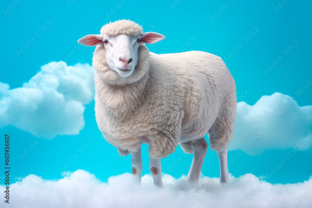 Cute fluffy sheep standing on the clooud.AI generated. Stock ...