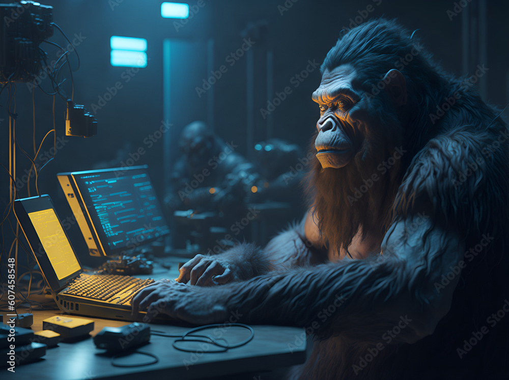 Neanderthal with a computer in an fuuturistic office Stock Illustration ...