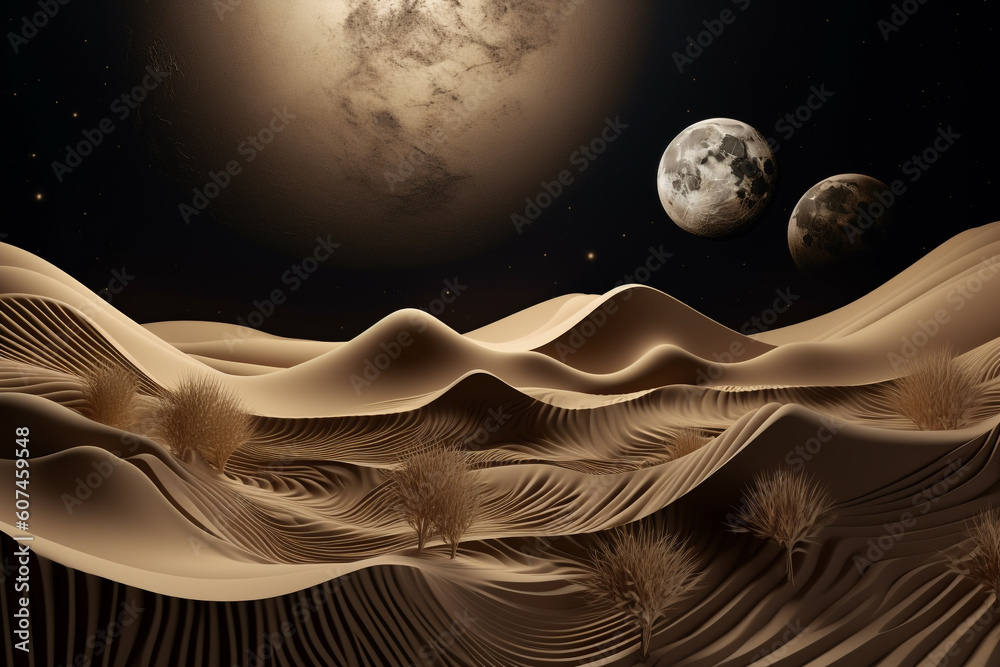 Abstract sand dunes landscape with moon at night. 3D modern art mural ...