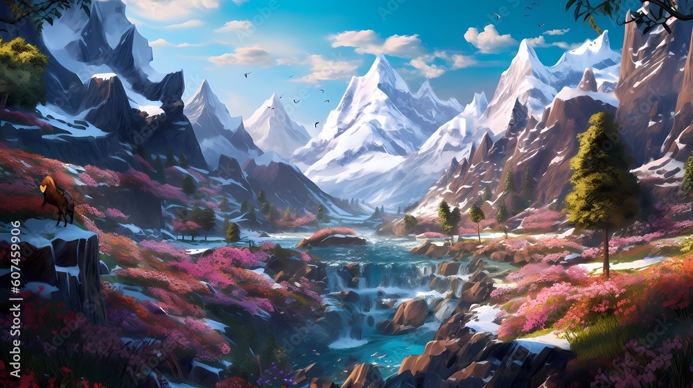 The fantasy valley is surrounded by mountains and a river in the ...