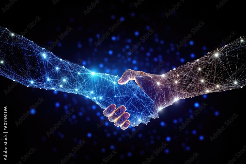 Abstract image of Business handshake in glowing blue. Low polygon, particle, and triangle style ...