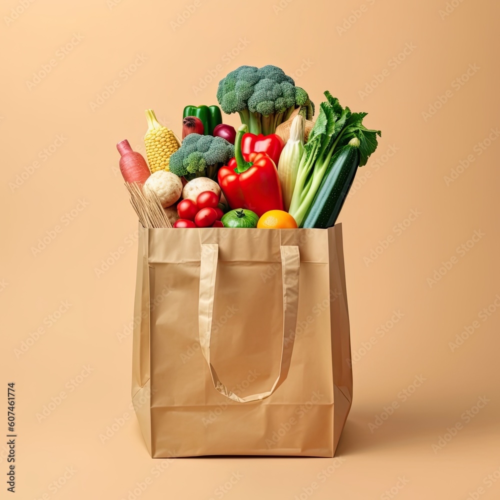 Paper bag full of vegetables and fruits on isolated solid background ...