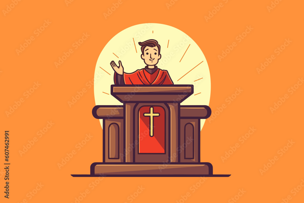 Doodle inspired Priest preaching at the pulpit, cartoon sticker, sketch ...